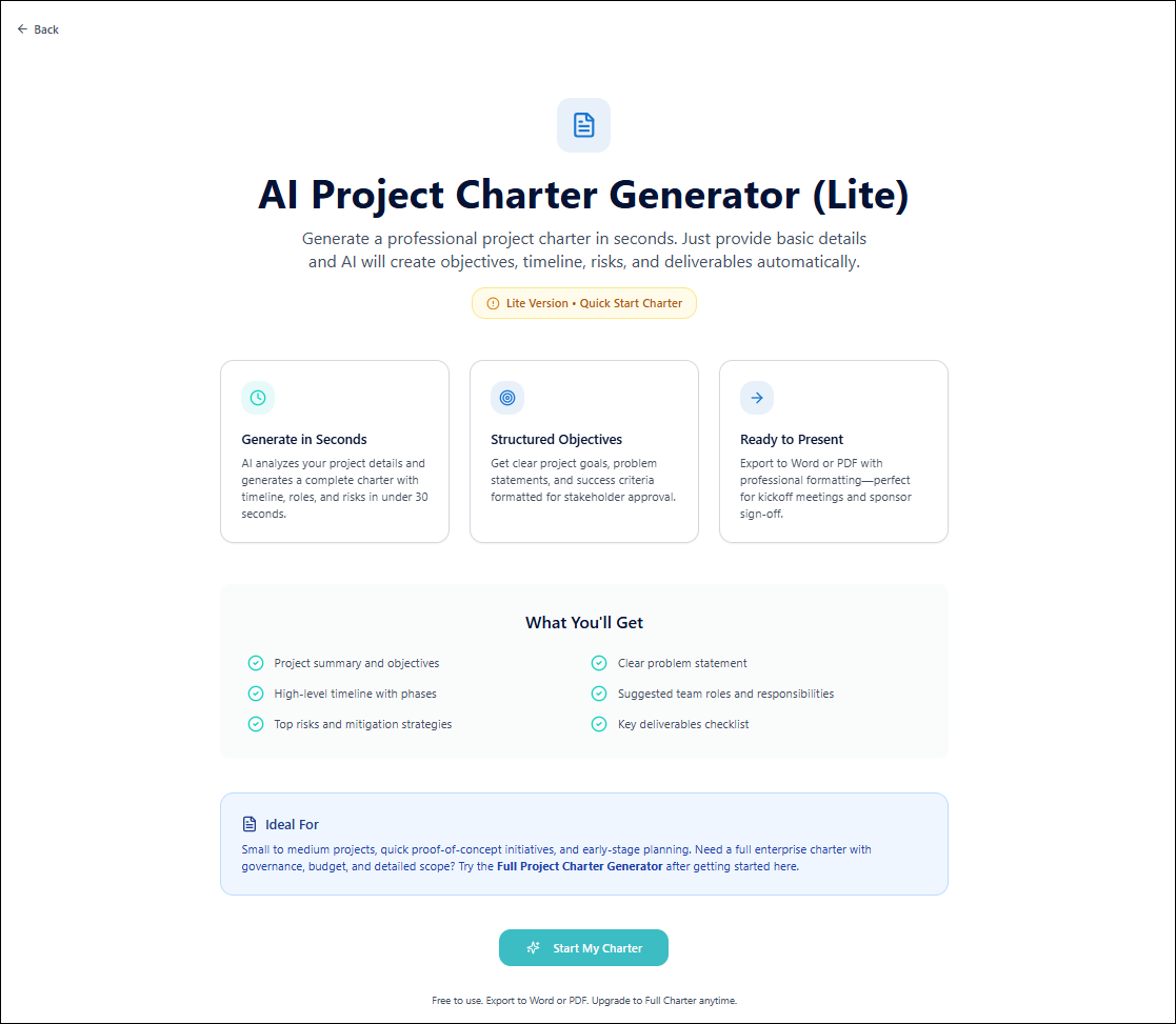 AI Project Charter Generator (Lite) – Techno PM - Project Management ...