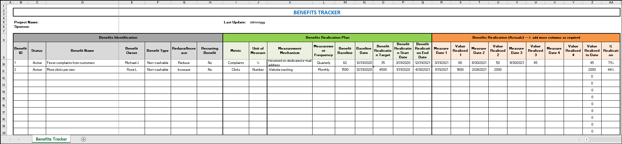 Benefit Tracker Template – Techno PM - Project Management Templates ...