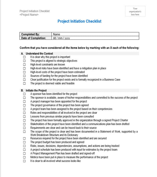 Project Starter Kit - Project Initiation Checklist – Techno PM ...