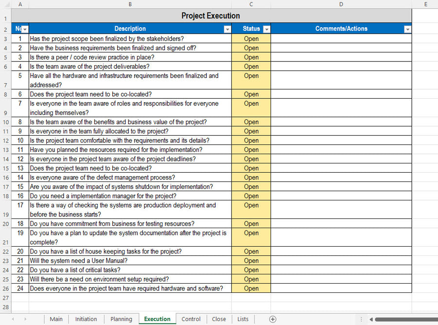 Excel Project Checklist – Techno PM - Project Management Templates Download