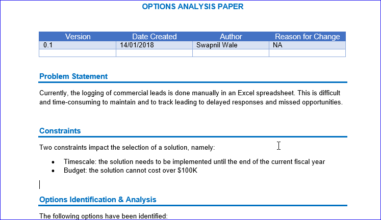 Options Analysis Word Example - Techno PM – Techno PM - Project ...