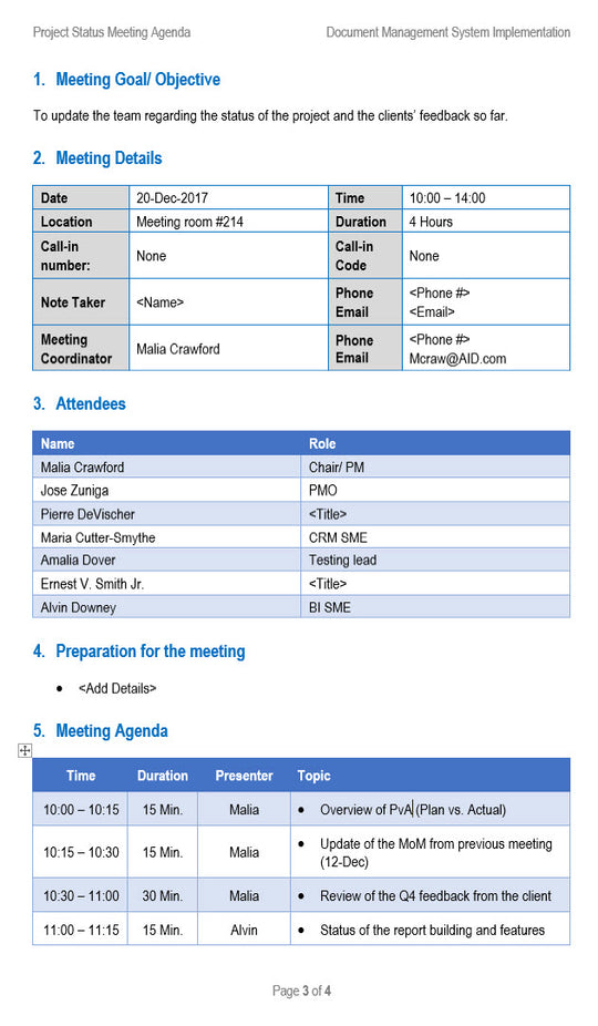 Project Status Meeting Agenda – Techno PM - Project Management ...
