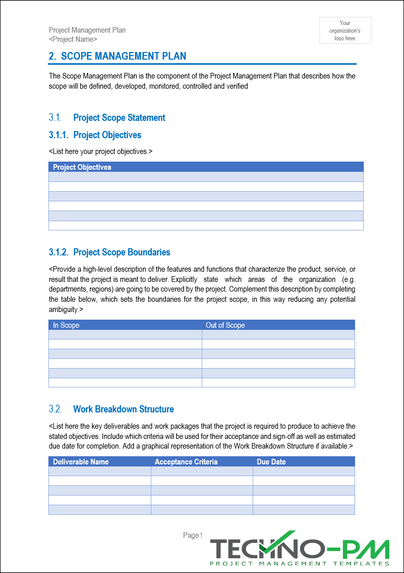 Project Management Plan (PMP) Template – Techno PM - Project Management ...