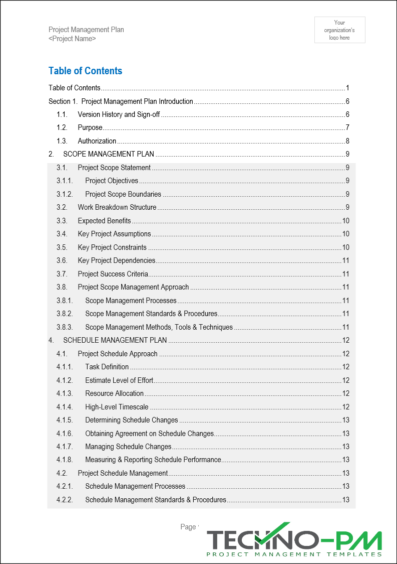 Project Management Plan (PMP) Template – Techno PM - Project Management ...