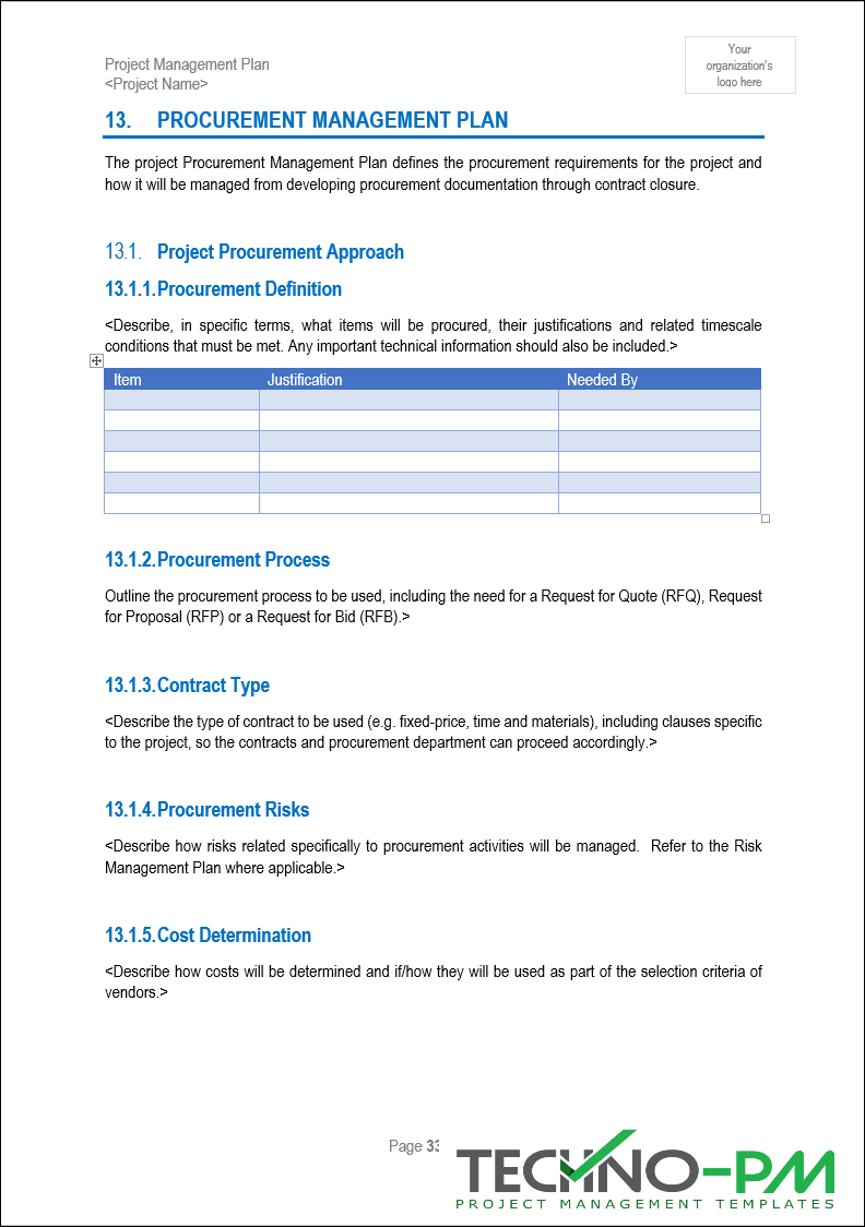 Project Management Plan (PMP) Template – Techno PM - Project Management ...