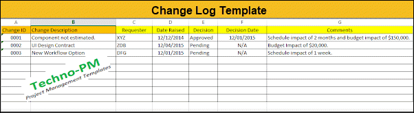 Project Change Log Template – Techno PM - Project Management Templates ...